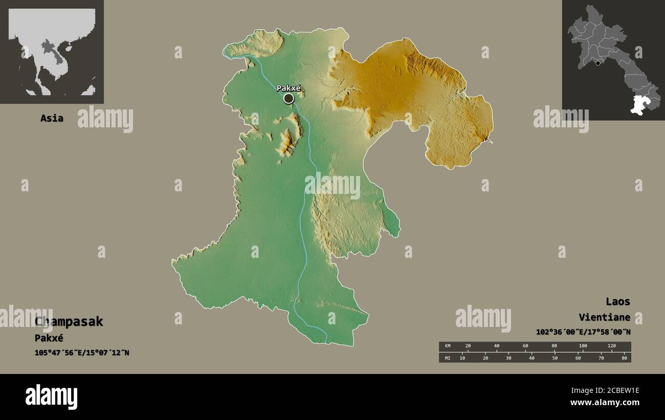 Shape of Champasak, province of Laos, and its capital. Distance scale ...