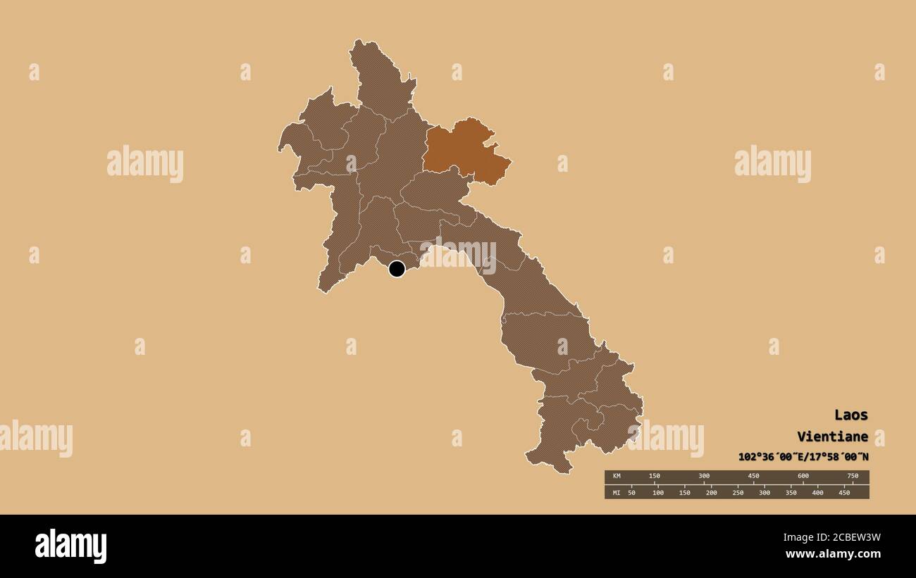 Desaturated shape of Laos with its capital, main regional division and ...