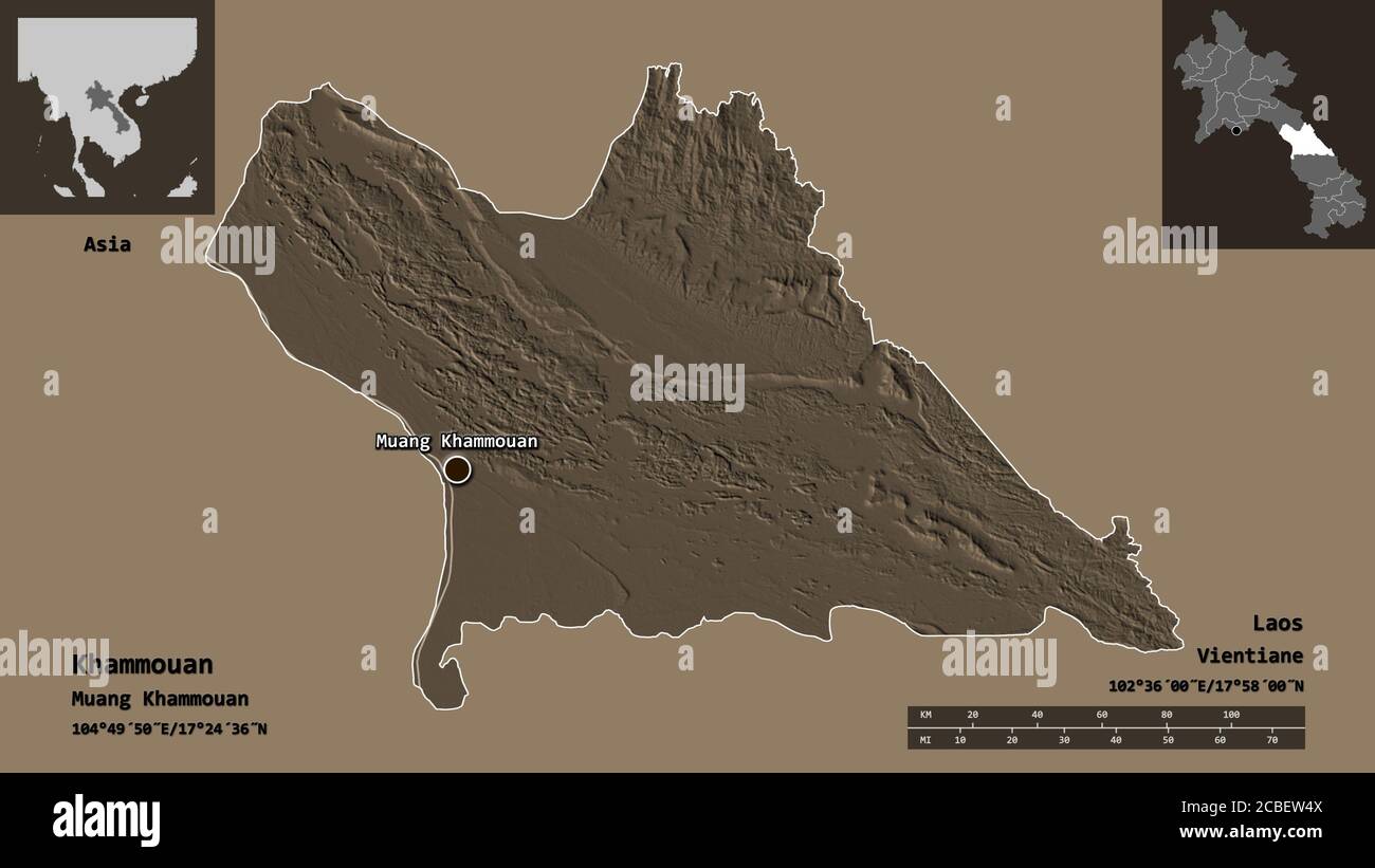 Shape of Khammouan, province of Laos, and its capital. Distance scale ...