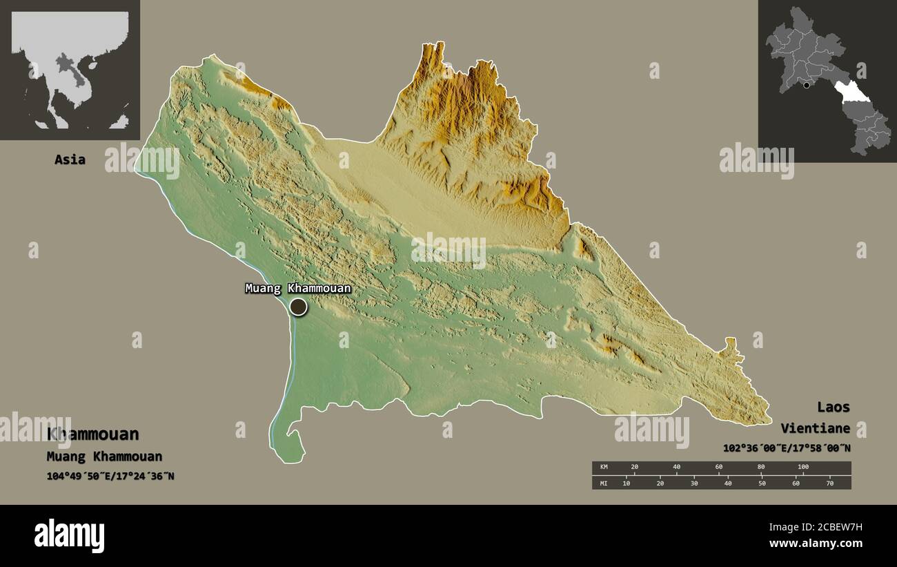 Shape of Khammouan, province of Laos, and its capital. Distance scale ...