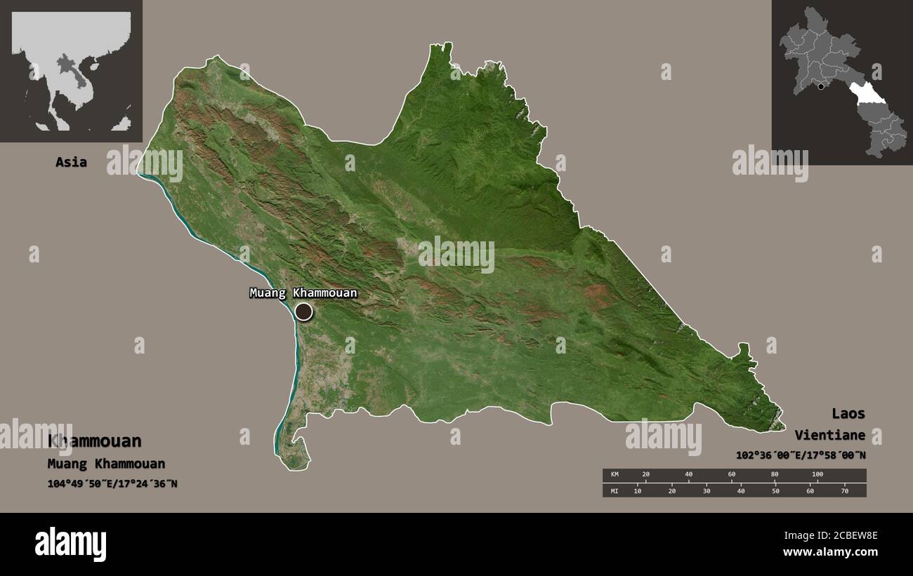 Shape of Khammouan, province of Laos, and its capital. Distance scale ...