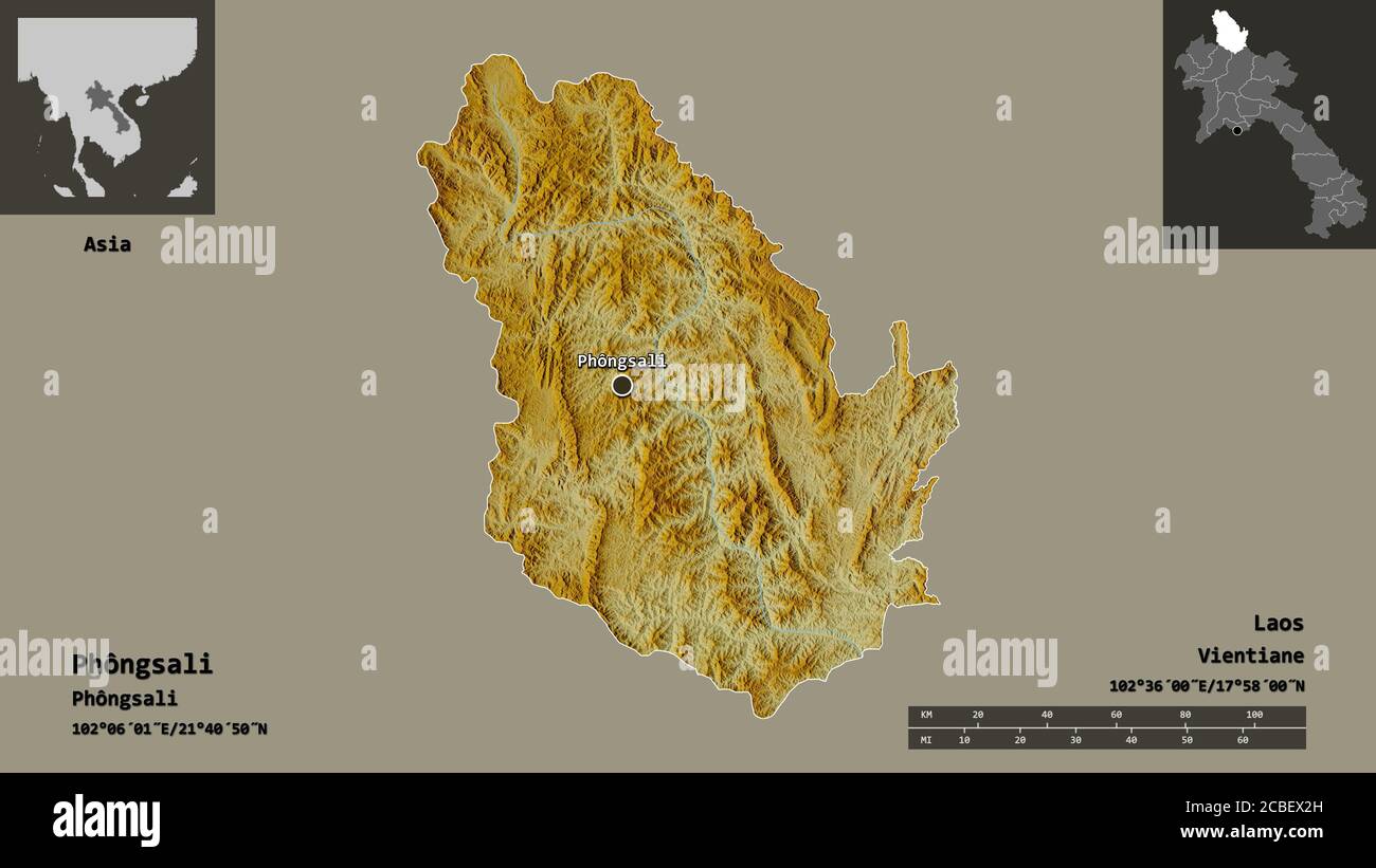 Shape of Phôngsali, province of Laos, and its capital. Distance scale ...