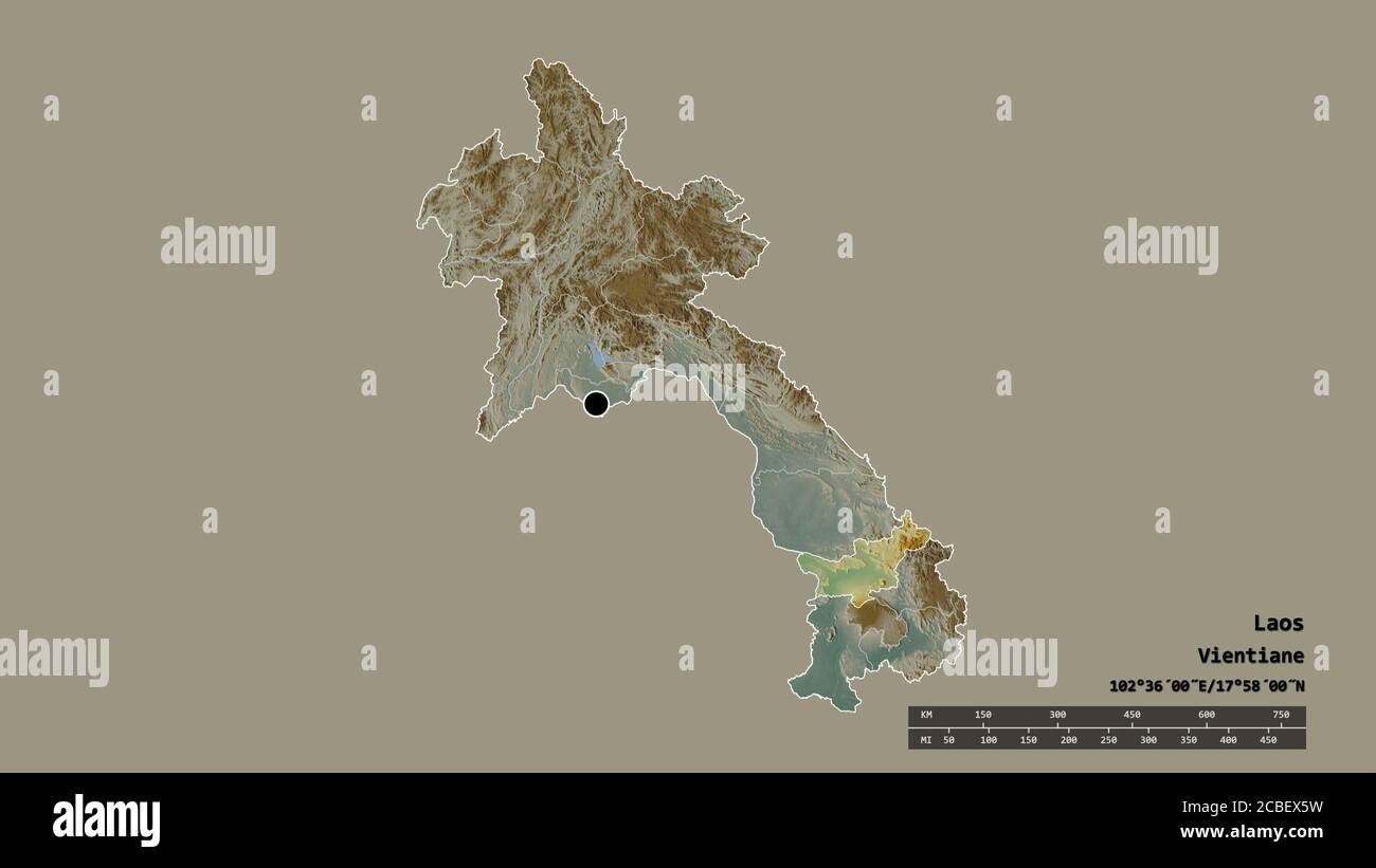 Desaturated shape of Laos with its capital, main regional division and the separated Saravan ...