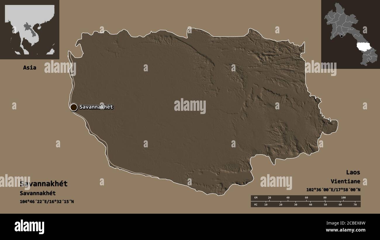Shape of Savannakhét, province of Laos, and its capital. Distance scale ...