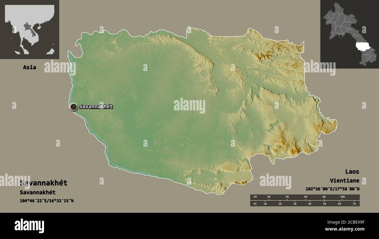 Shape of Savannakhét, province of Laos, and its capital. Distance scale ...