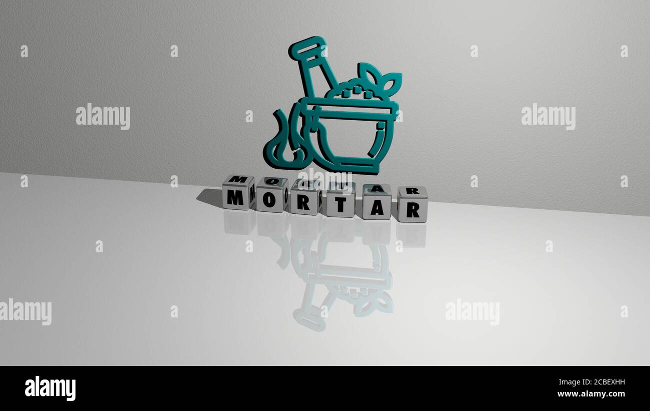 mortar text of cubic dice letters on the floor and 3D icon on the wall ...