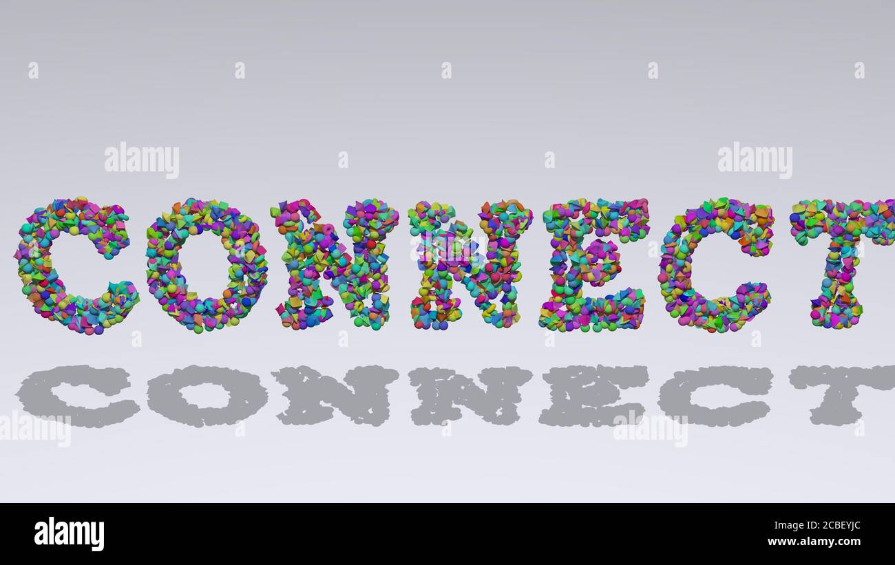 Colorful 3D writting of connect text with small objects over a white ...