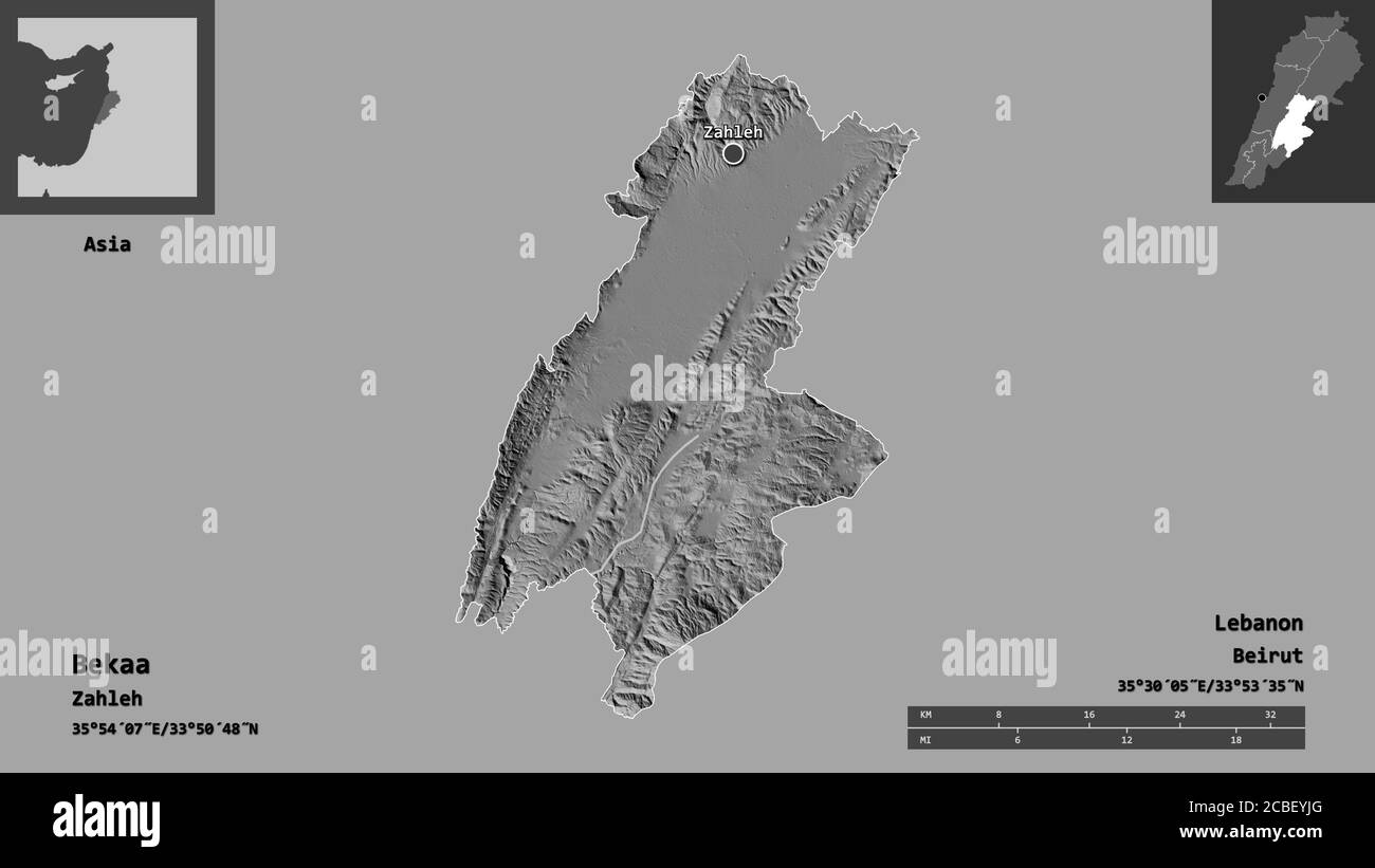 Shape of Bekaa, governorate of Lebanon, and its capital. Distance scale ...