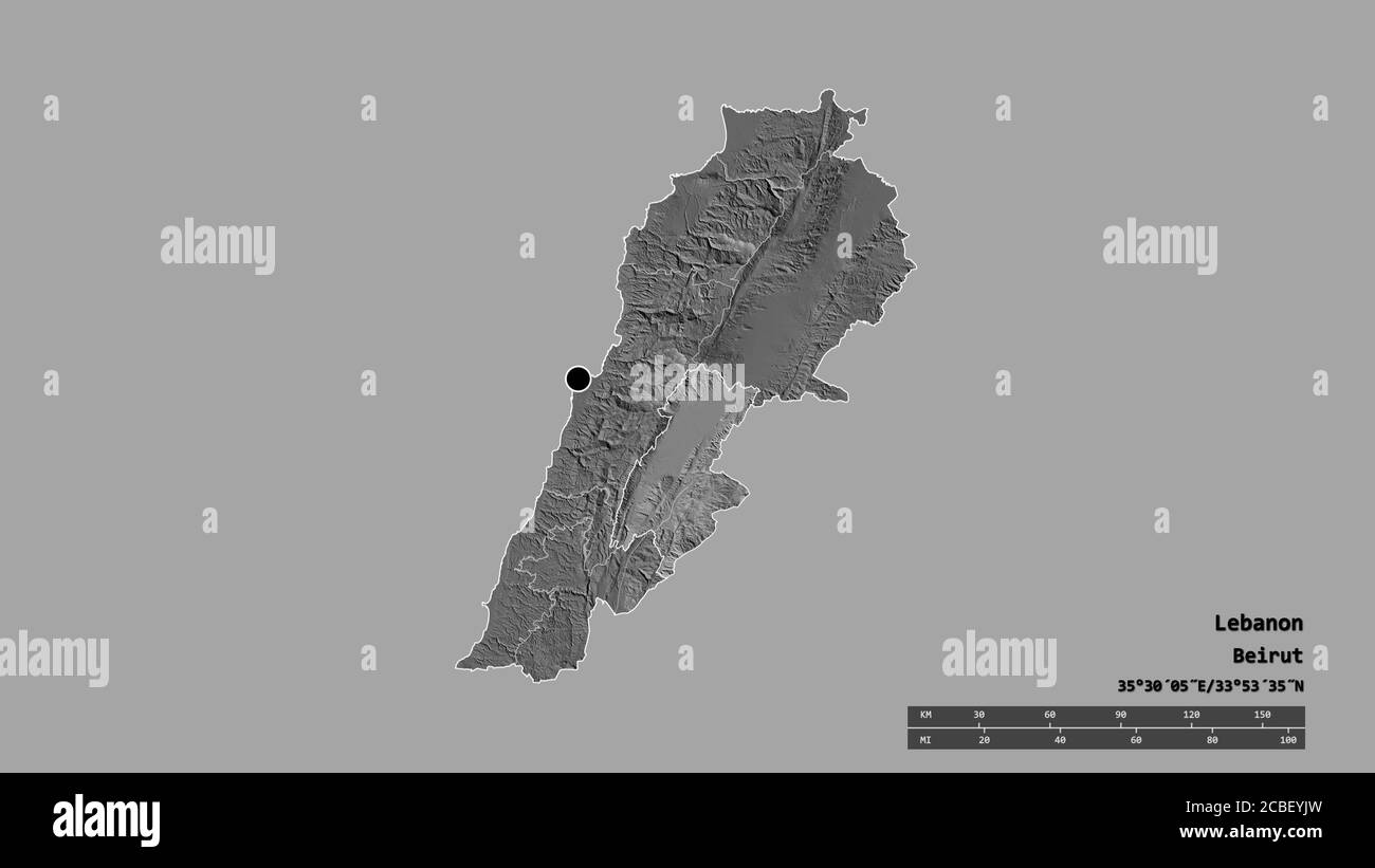Desaturated shape of Lebanon with its capital, main regional division ...