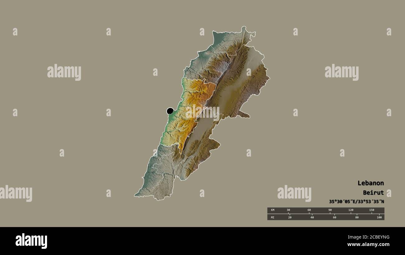 Desaturated shape of Lebanon with its capital, main regional division ...