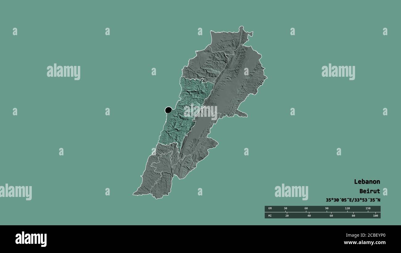 Desaturated shape of Lebanon with its capital, main regional division ...