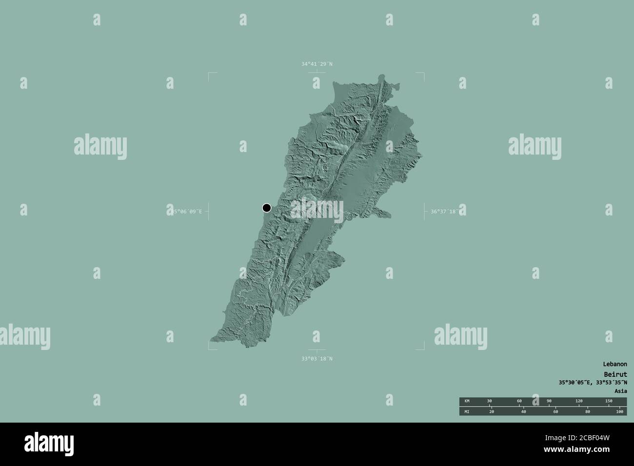 Area of Lebanon isolated on a solid background in a georeferenced ...