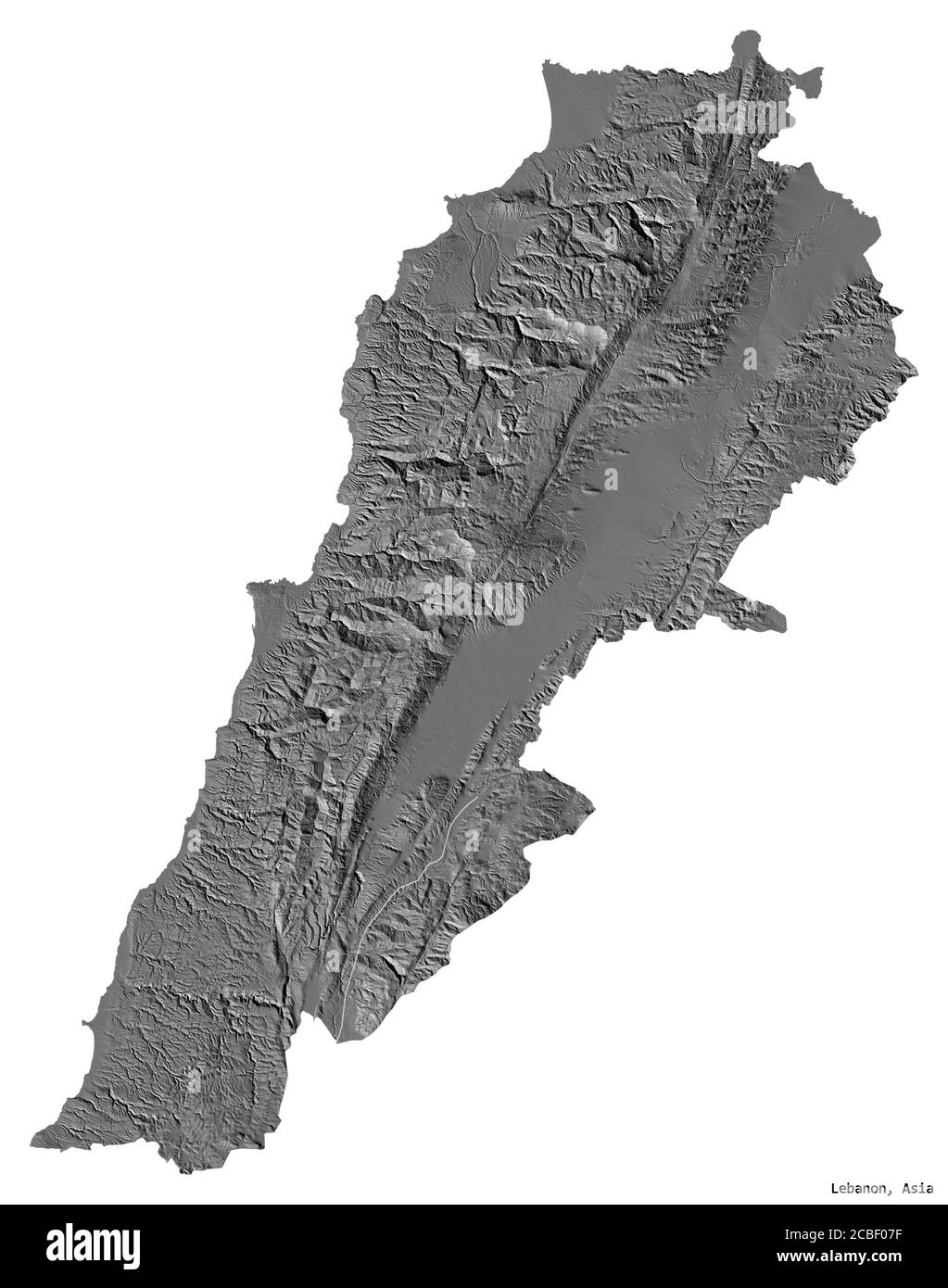 Shape of Lebanon with its capital isolated on white background. Bilevel elevation map. 3D ...