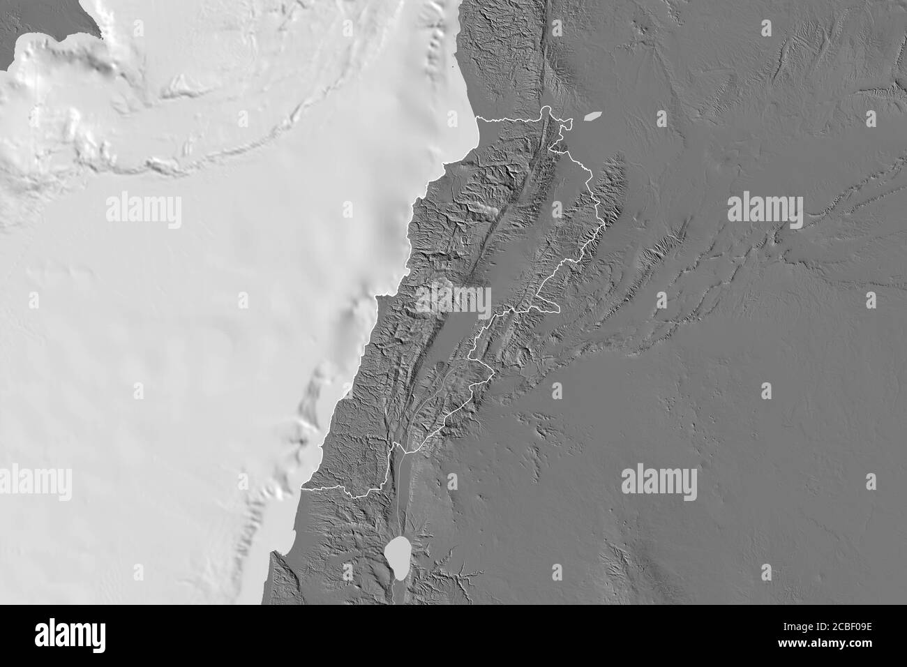 Extended area of outlined Lebanon. Bilevel elevation map. 3D rendering ...