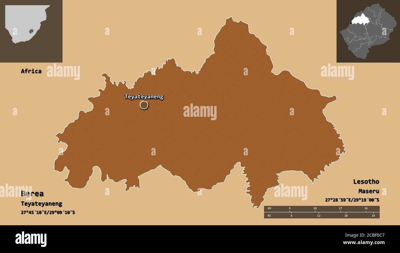 Shape of Berea, district of Lesotho, and its capital. Distance scale ...