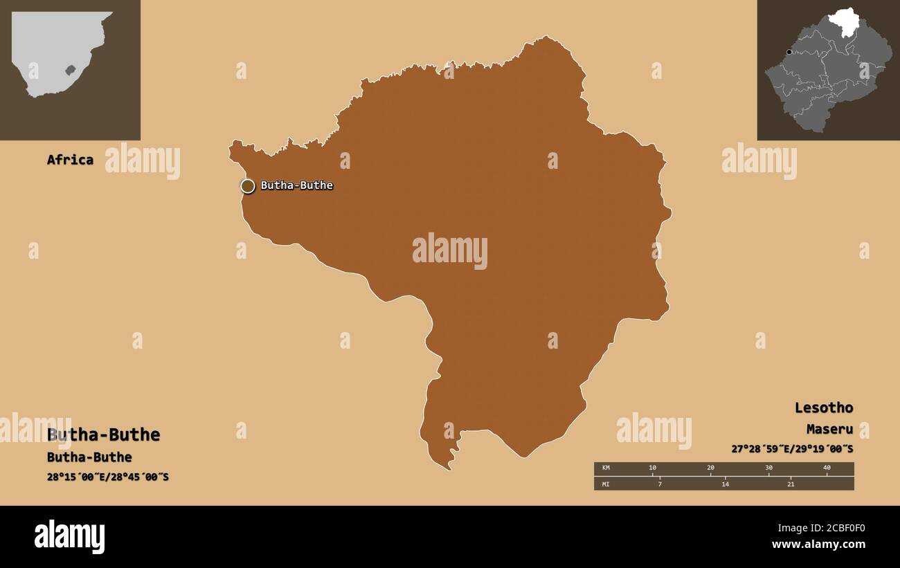 Shape of Butha-Buthe, district of Lesotho, and its capital. Distance ...