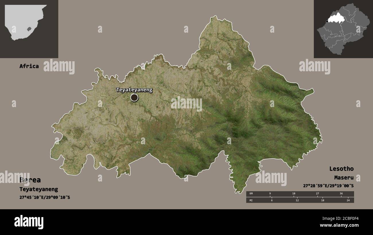 Shape of Berea, district of Lesotho, and its capital. Distance scale ...