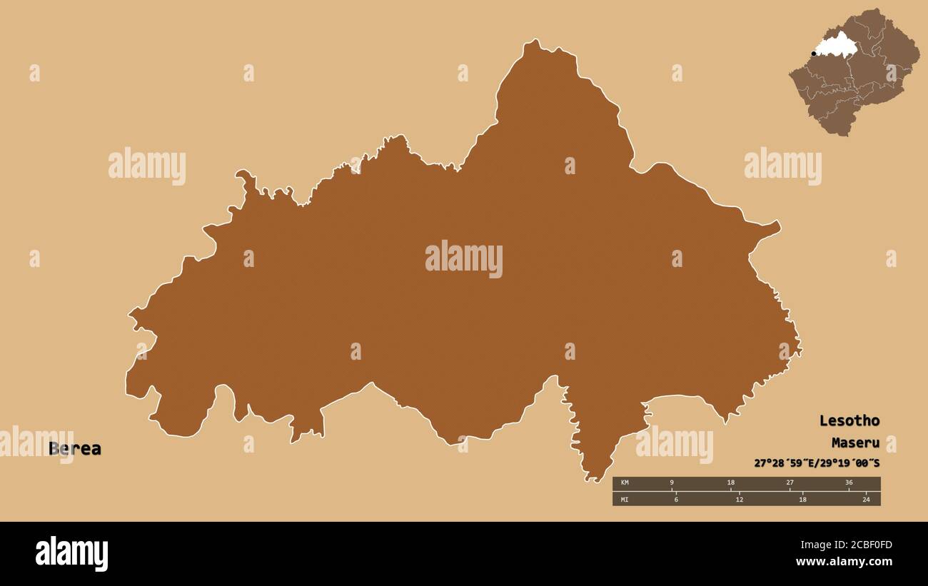 Shape of Berea, district of Lesotho, with its capital isolated on solid ...