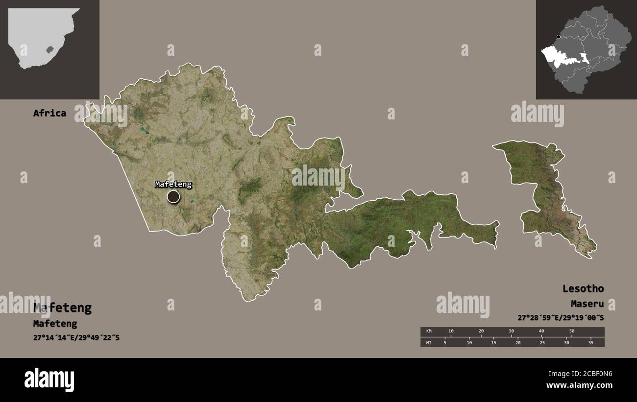Shape of Mafeteng, district of Lesotho, and its capital. Distance scale ...