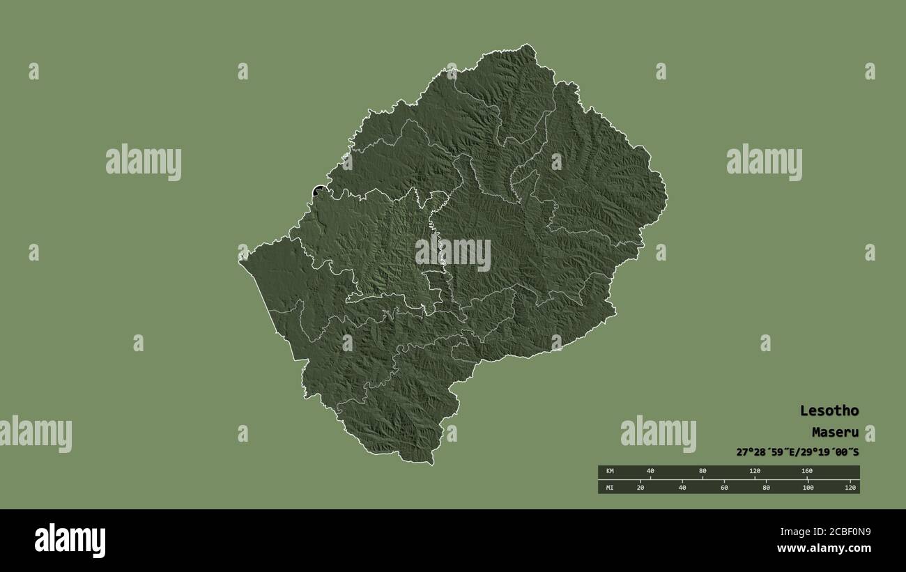 Desaturated shape of Lesotho with its capital, main regional division ...