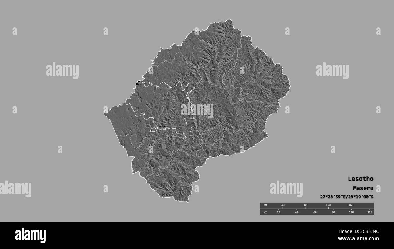 Desaturated shape of Lesotho with its capital, main regional division ...