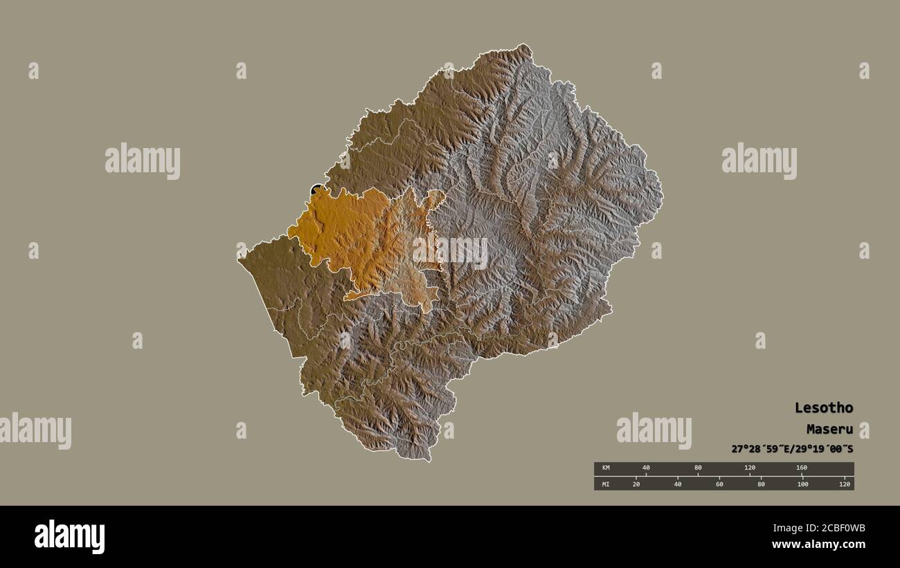 Desaturated shape of Lesotho with its capital, main regional division ...