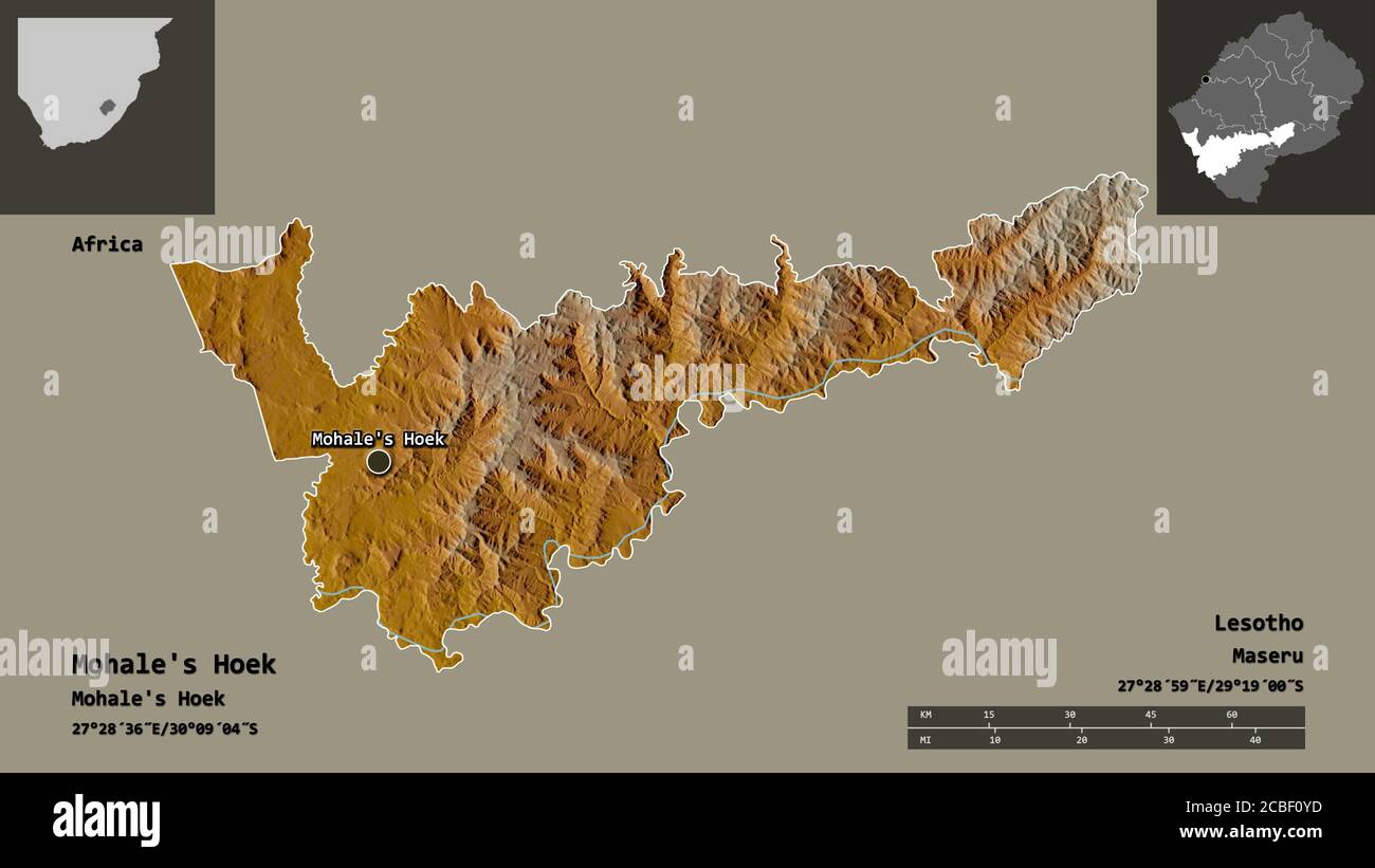 Shape of Mohale's Hoek, district of Lesotho, and its capital. Distance ...