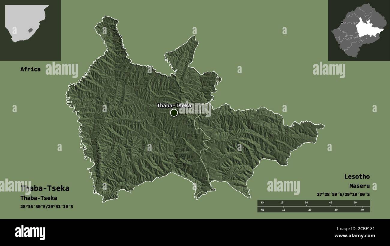 Shape of Thaba-Tseka, district of Lesotho, and its capital. Distance ...