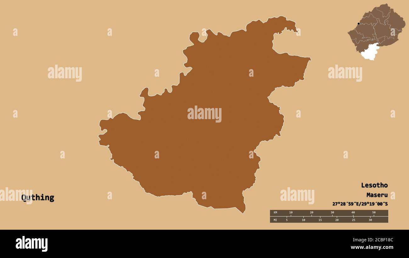Shape of Quthing, district of Lesotho, with its capital isolated on ...