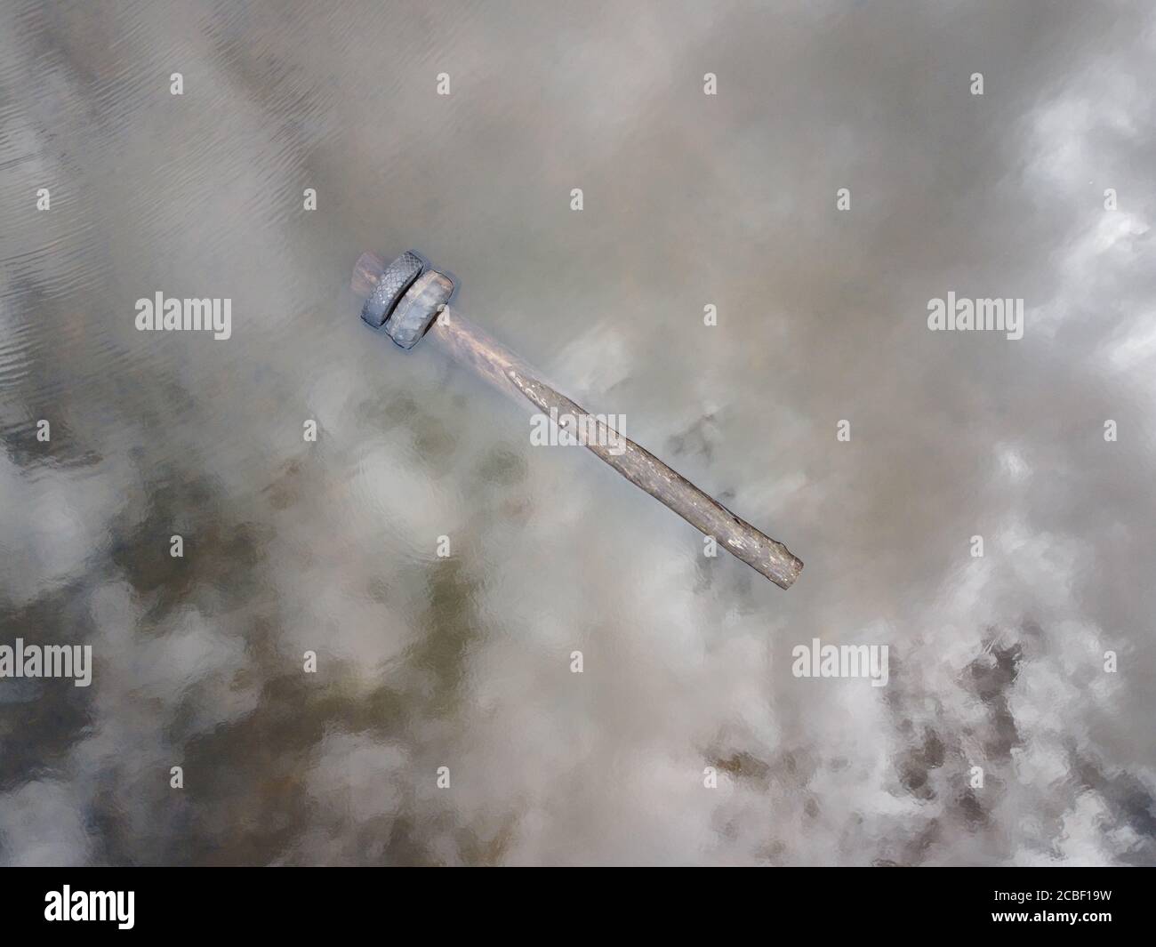 log with tires floating in a pond top view aerial photo Stock Photo - Alamy
