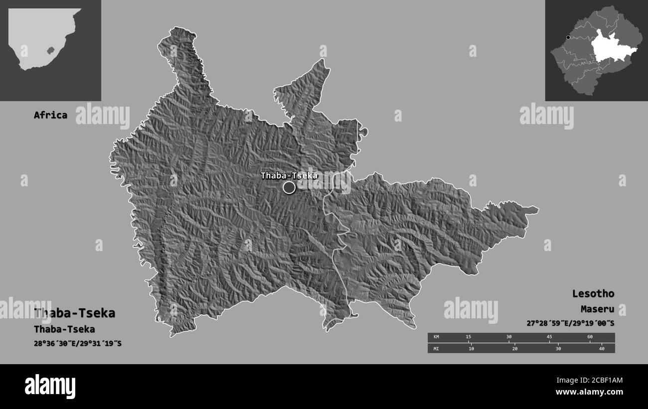 Shape of Thaba-Tseka, district of Lesotho, and its capital. Distance ...