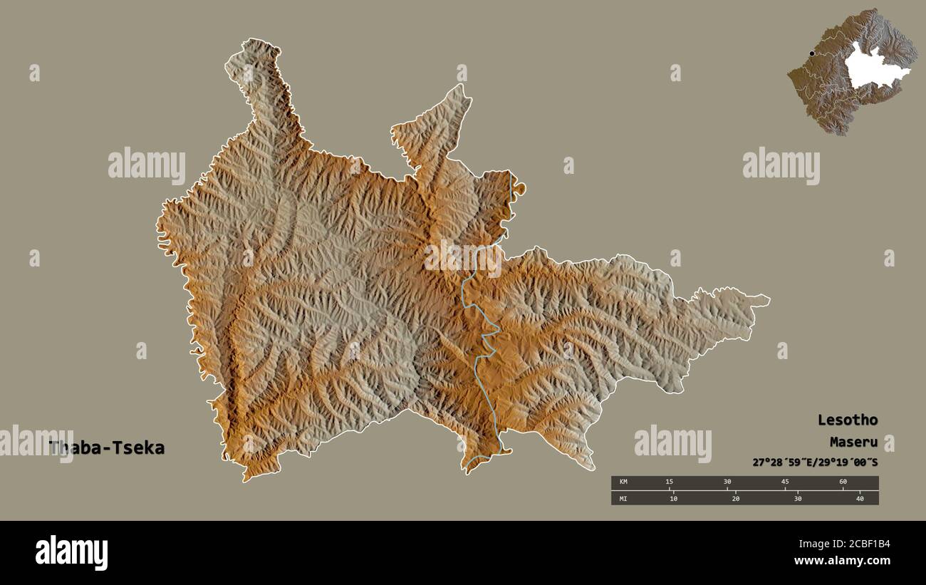Shape of Thaba-Tseka, district of Lesotho, with its capital isolated on ...