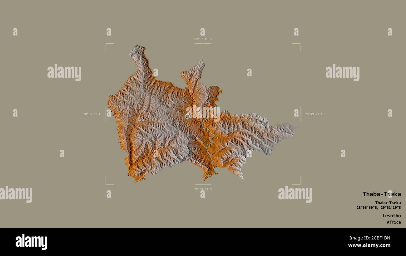 Area of Thaba-Tseka, district of Lesotho, isolated on a solid ...