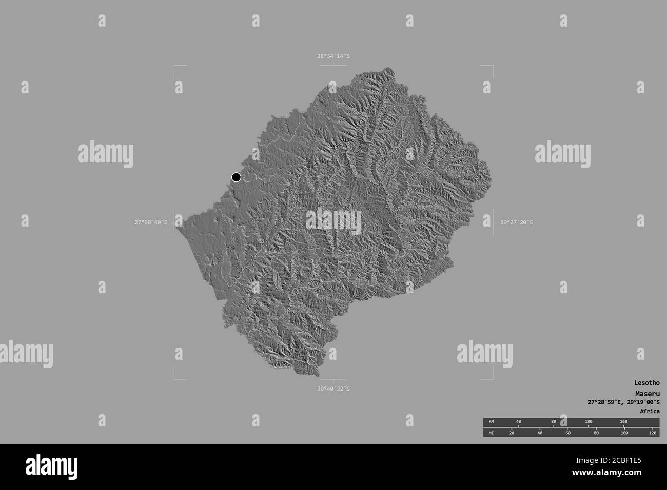 Area of Lesotho isolated on a solid background in a georeferenced ...