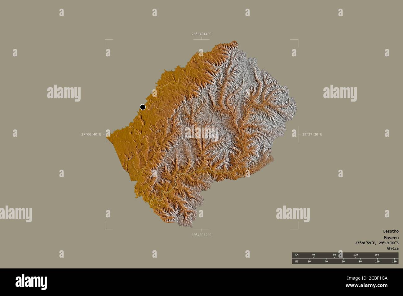 Area of Lesotho isolated on a solid background in a georeferenced ...