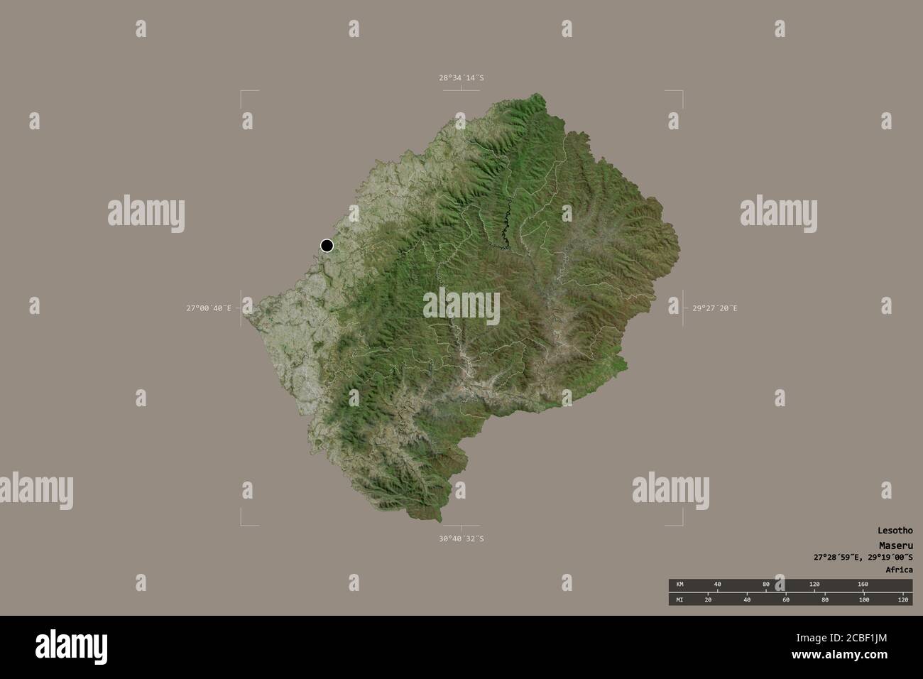 Area of Lesotho isolated on a solid background in a georeferenced ...