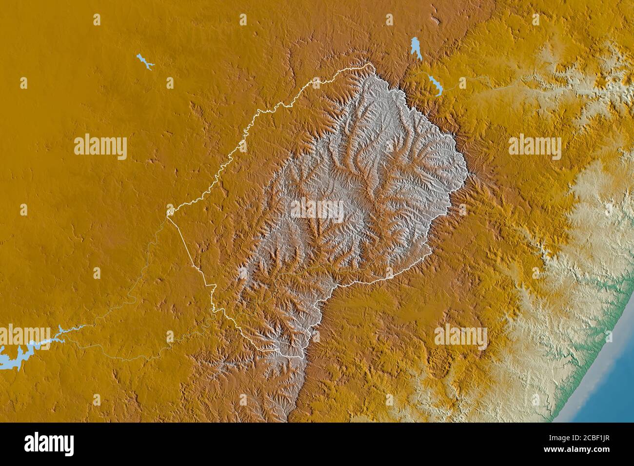 Extended area of outlined Lesotho. Topographic relief map. 3D rendering ...