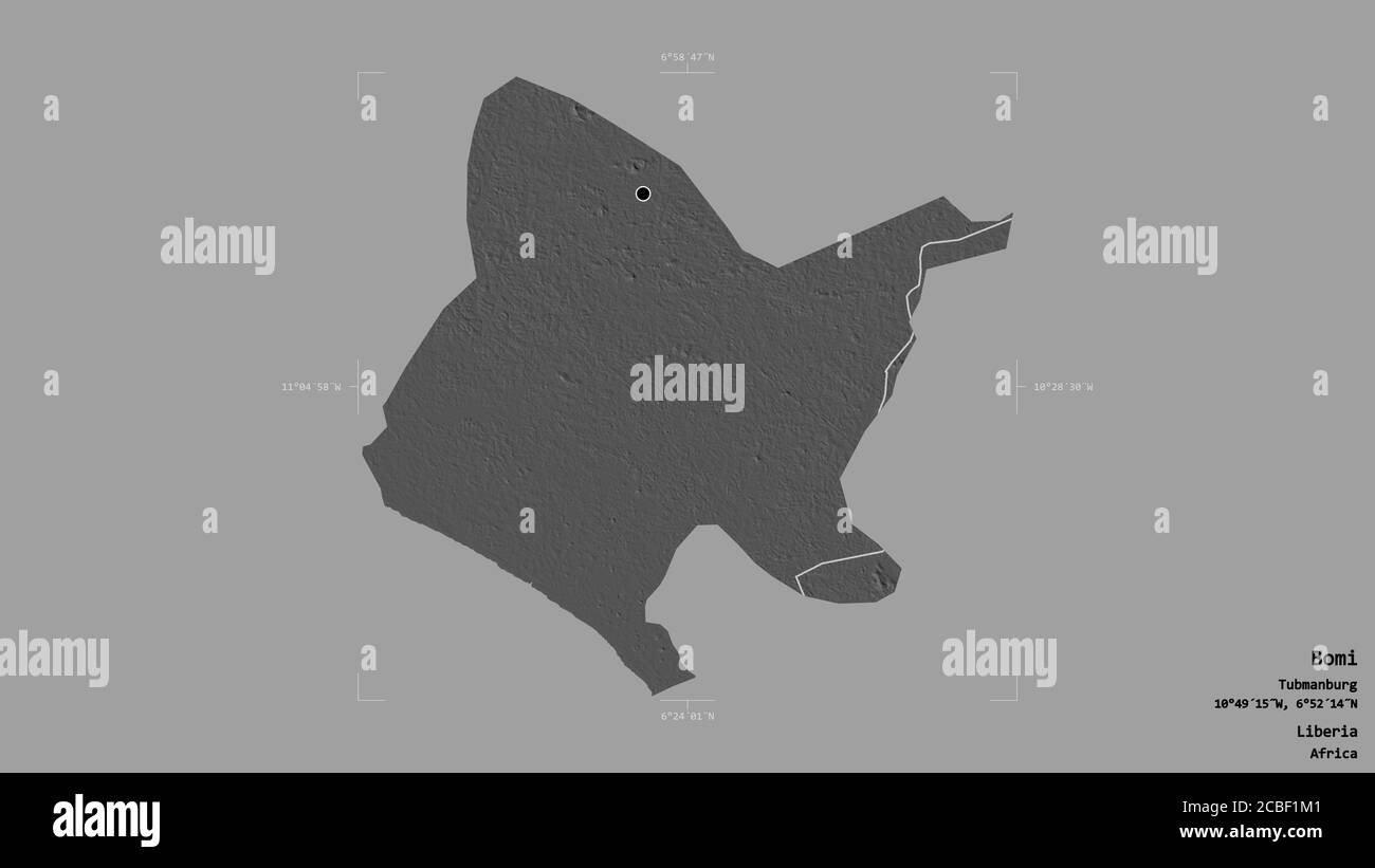 Area of Bomi, county of Liberia, isolated on a solid background in a ...