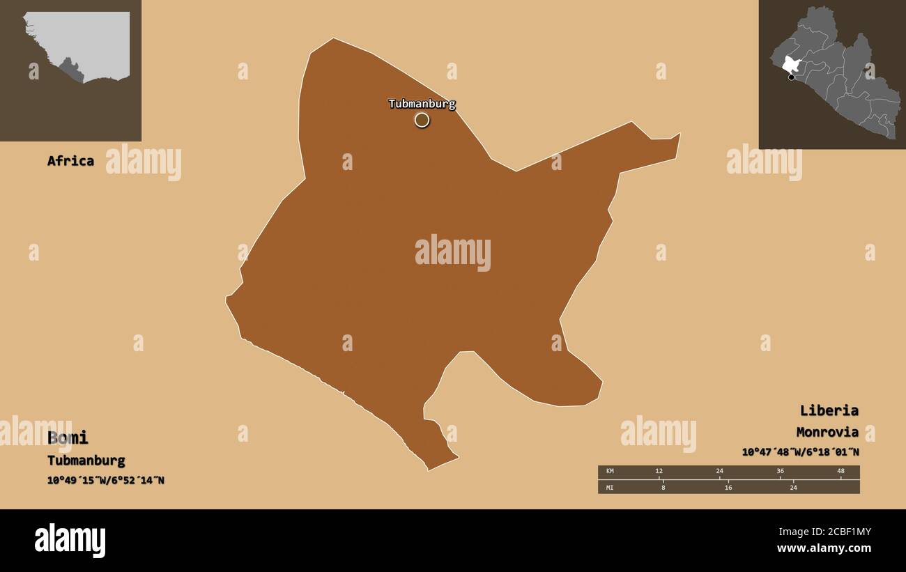 Shape of Bomi, county of Liberia, and its capital. Distance scale ...