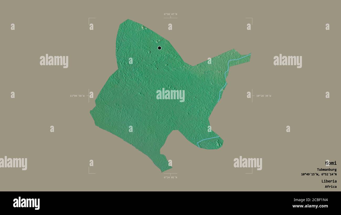 Area of Bomi, county of Liberia, isolated on a solid background in a ...