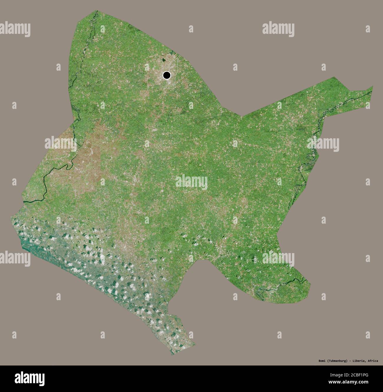 Shape of Bomi, county of Liberia, with its capital isolated on a solid ...