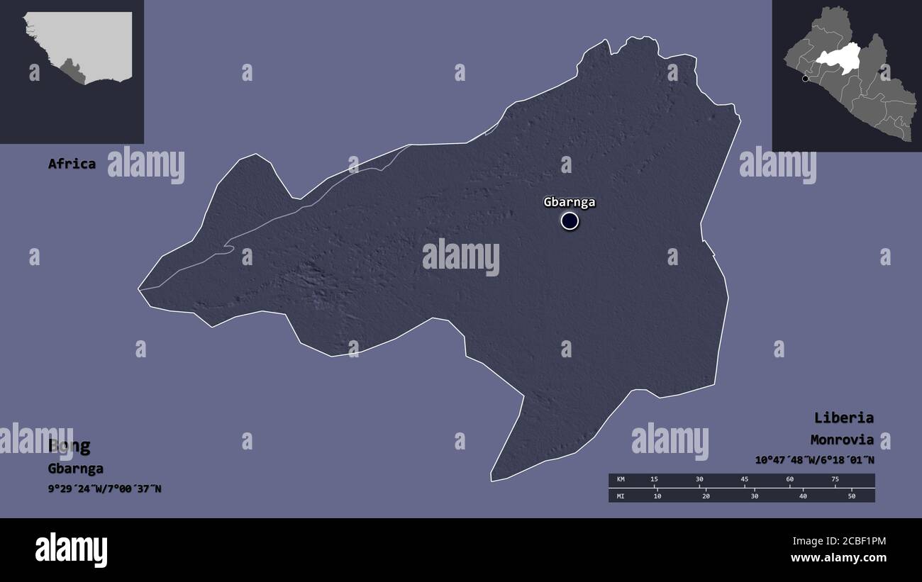 Shape of Bong, county of Liberia, and its capital. Distance scale ...