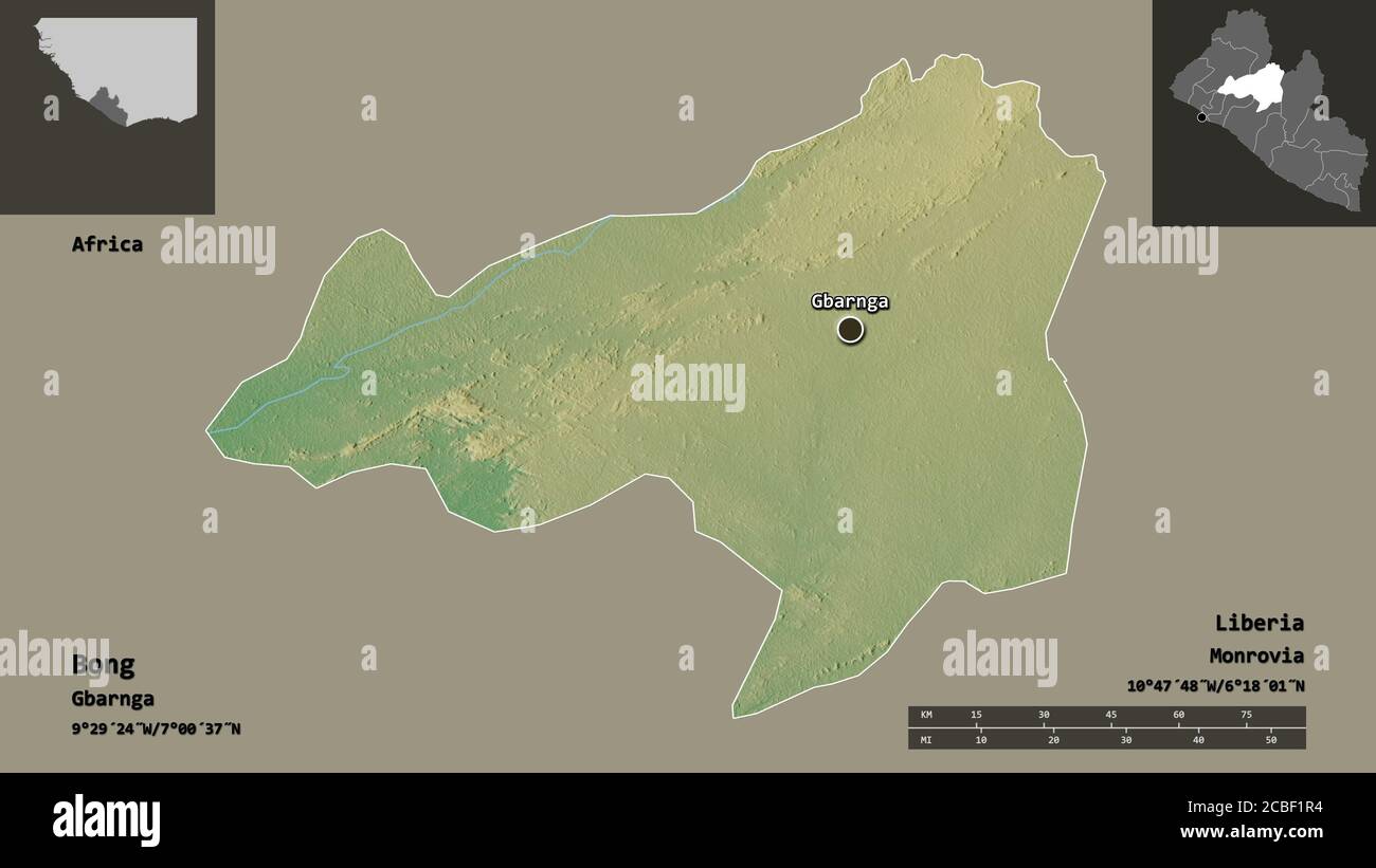 Shape of Bong, county of Liberia, and its capital. Distance scale ...