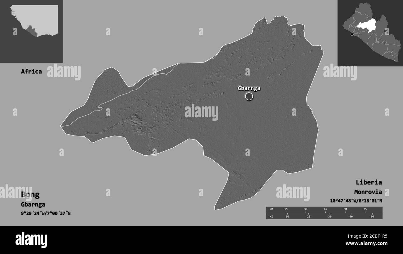 Shape of Bong, county of Liberia, and its capital. Distance scale ...