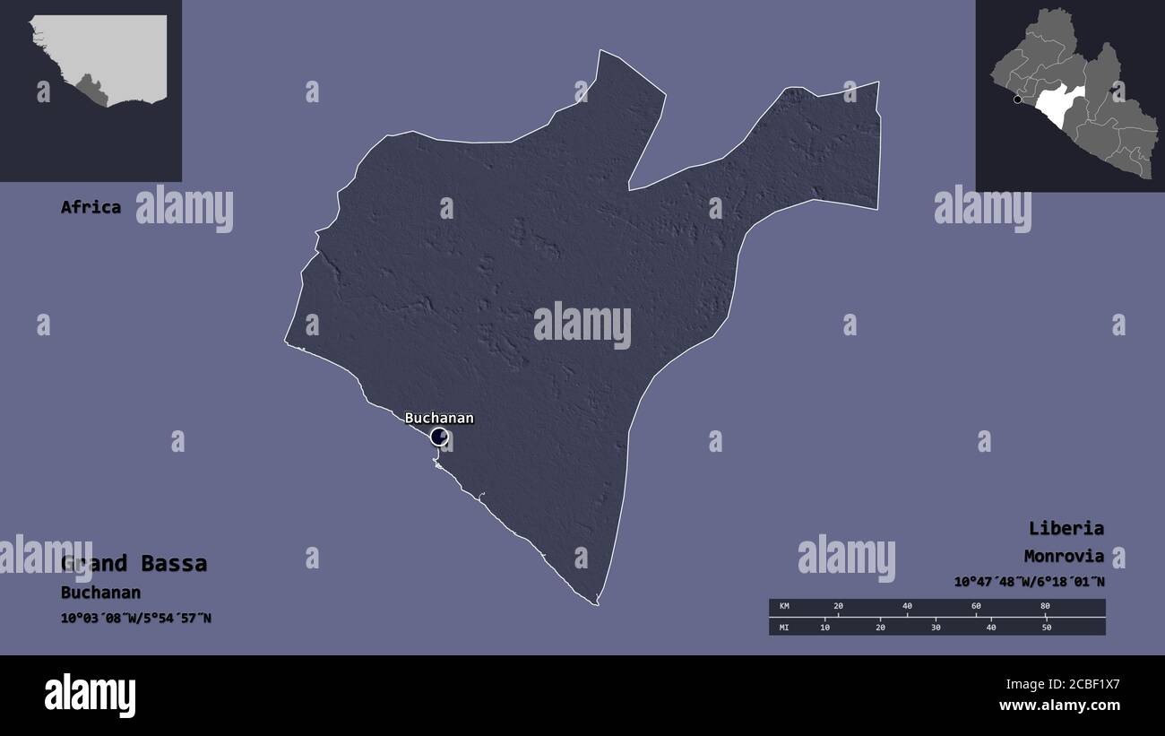 Shape of Grand Bassa, county of Liberia, and its capital. Distance ...
