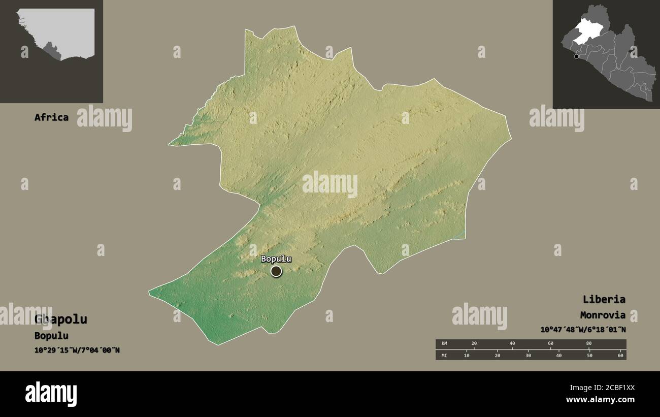 Shape of Gbapolu, county of Liberia, and its capital. Distance scale ...