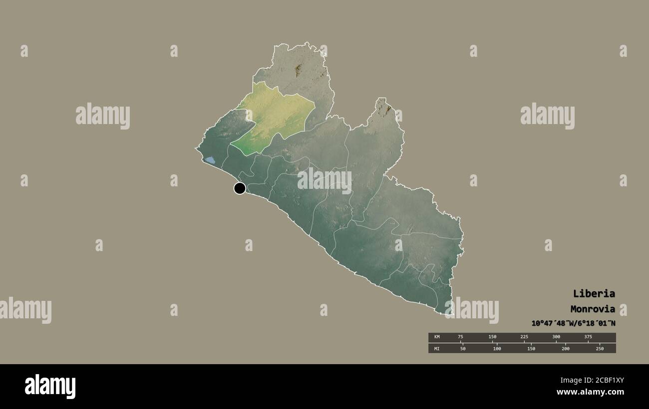 Desaturated shape of Liberia with its capital, main regional division ...