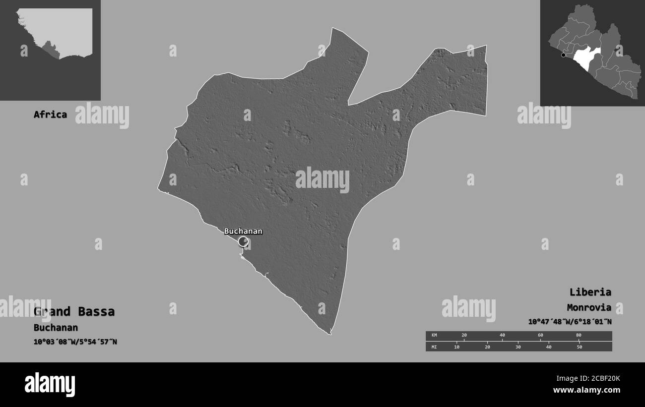Shape of Grand Bassa, county of Liberia, and its capital. Distance ...