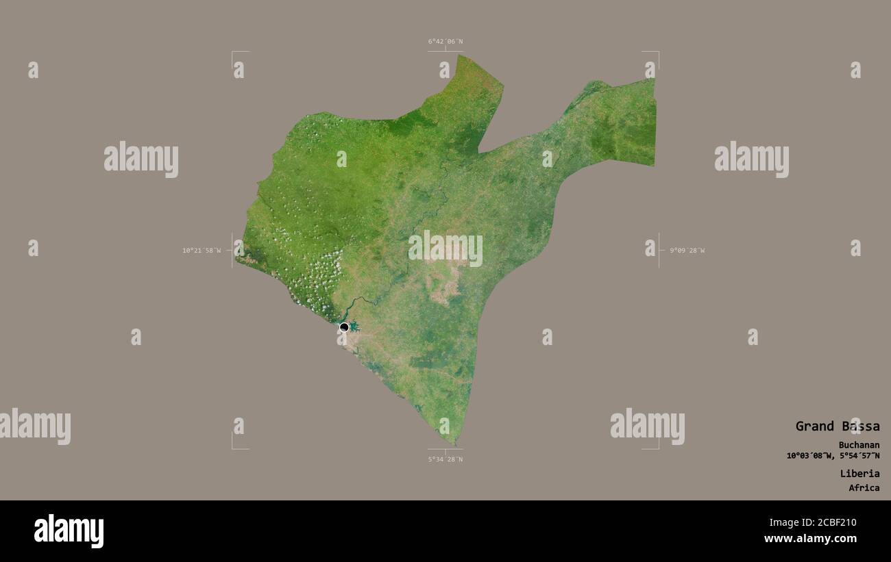 Area of Grand Bassa, county of Liberia, isolated on a solid background ...
