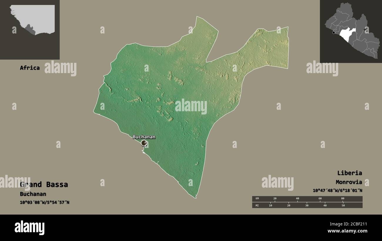 Shape of Grand Bassa, county of Liberia, and its capital. Distance ...